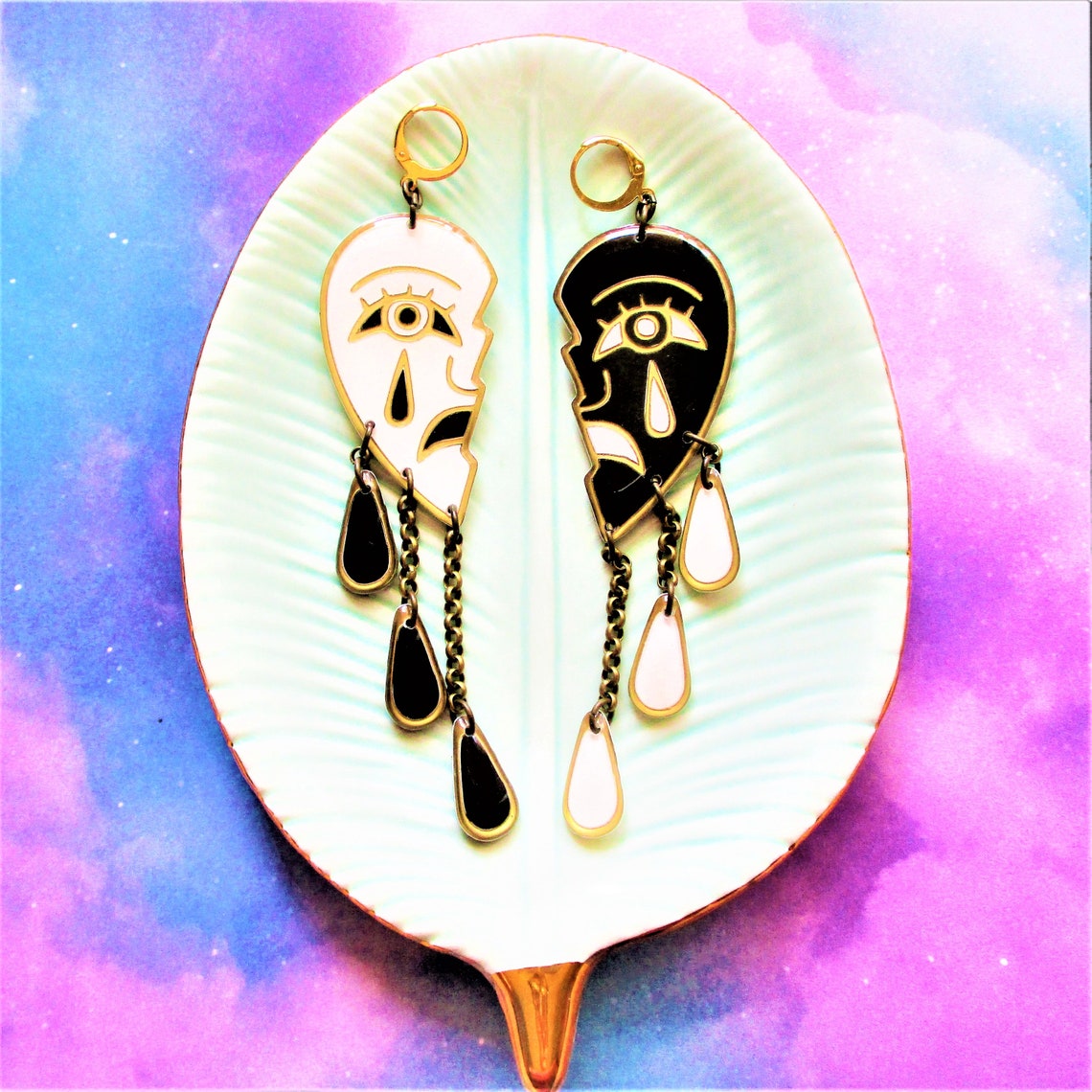 Black and White Sad Crying Face Dangly Earrings - Etsy