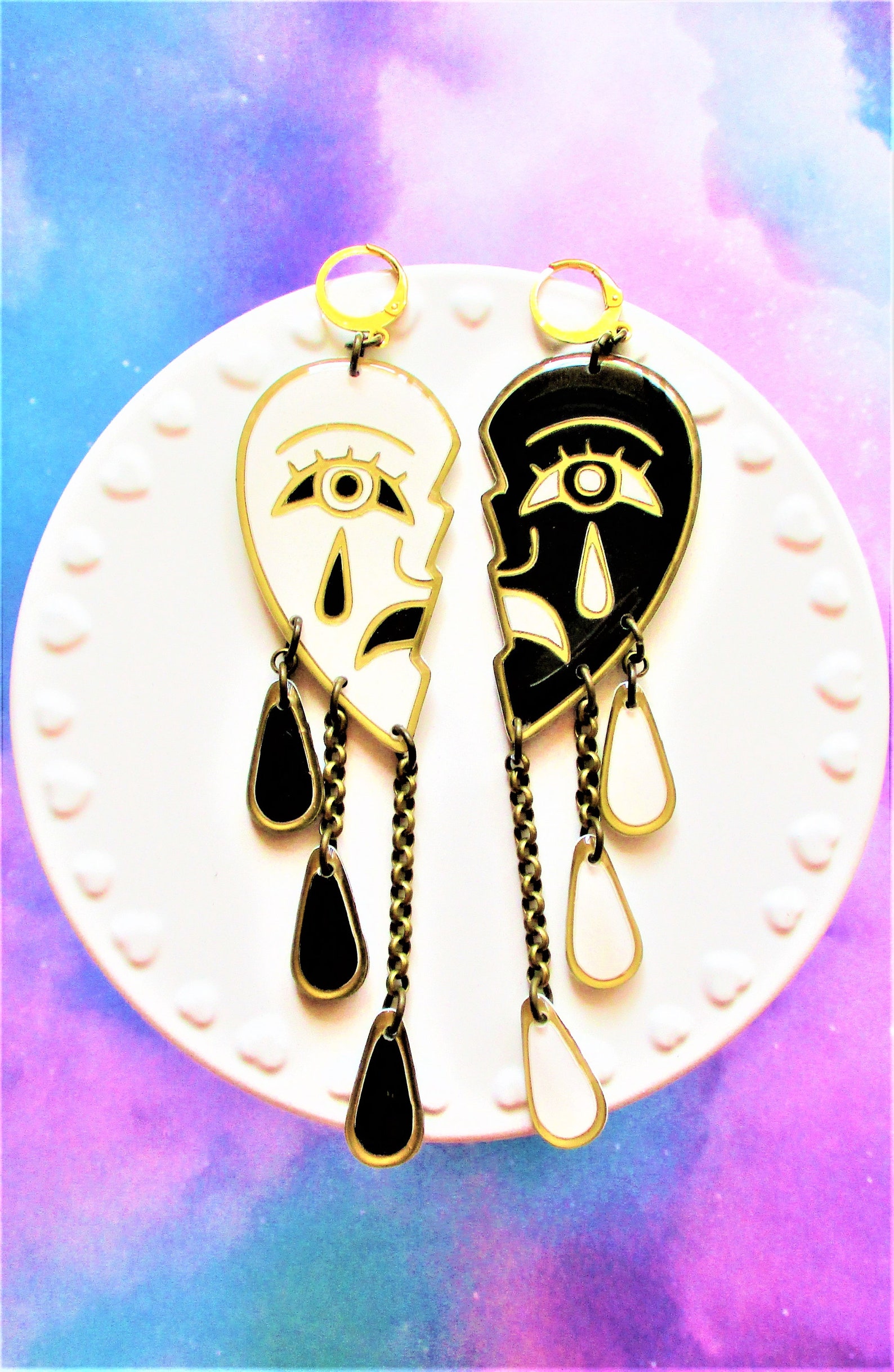Black and White Sad Crying Face Dangly Earrings - Etsy