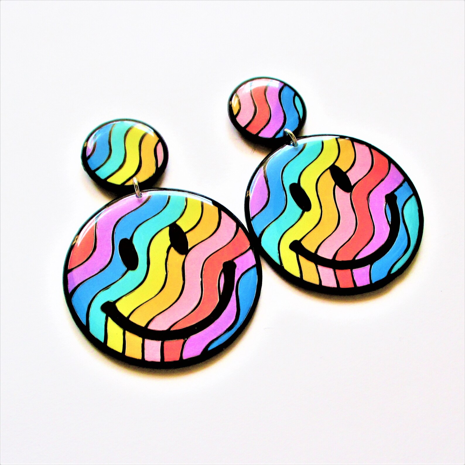 Rainbow Wavy Stripes Smiley Face Earrings - Etsy