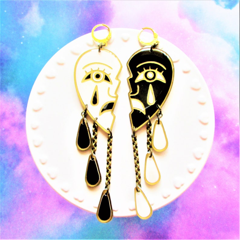 Black and White Sad Crying Face Dangly Earrings - Etsy