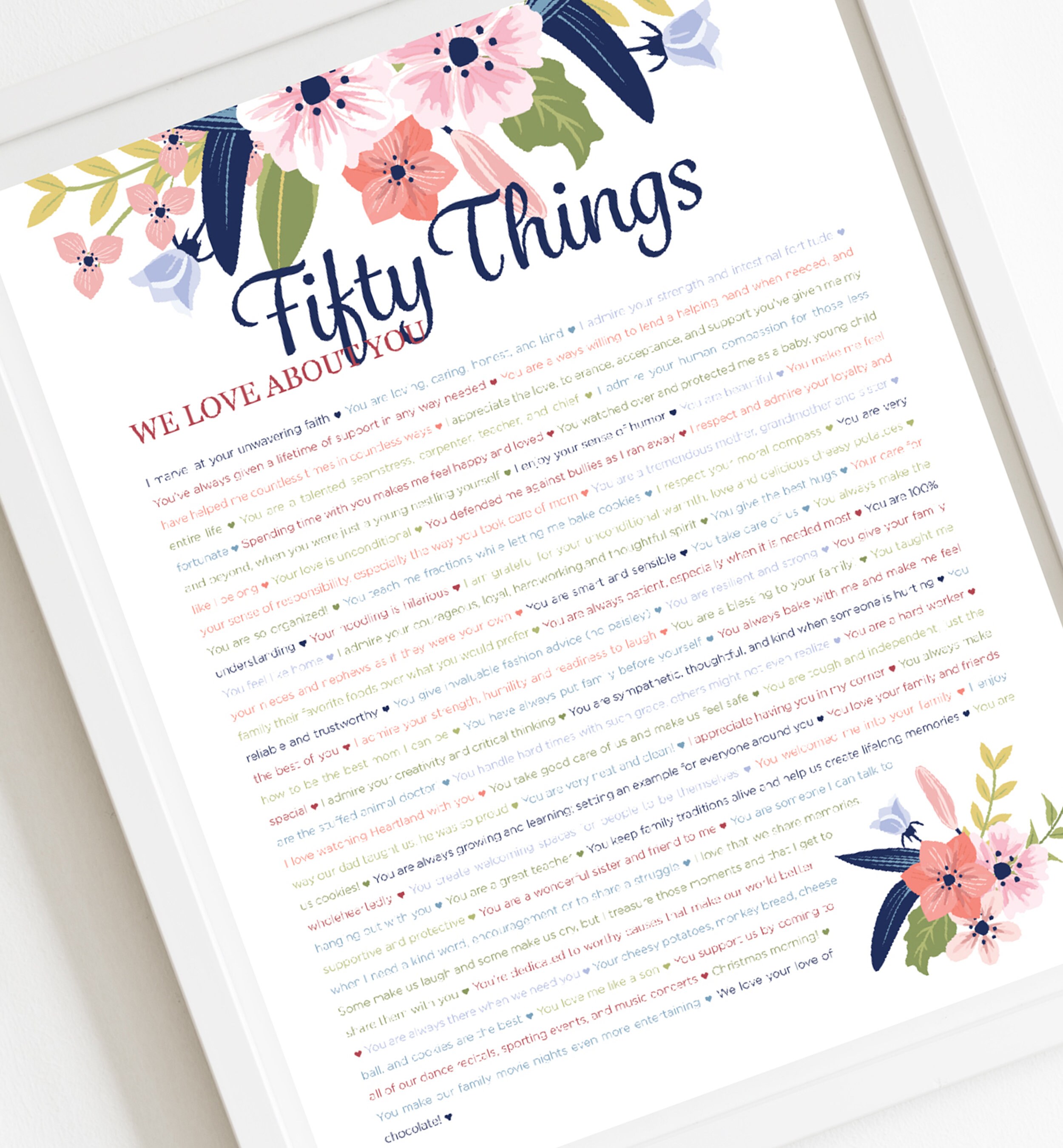 50 Things We Love About You Blue Floral DIGITAL Print; 50th Birthday ...
