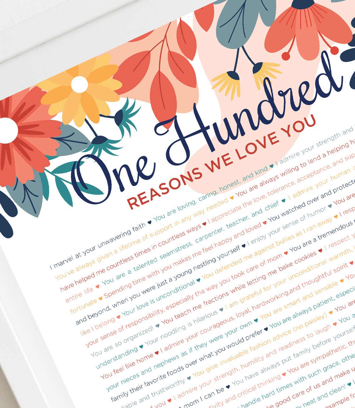 100 Reasons We Love You Floral Print, Personalized Birthday Gift ...