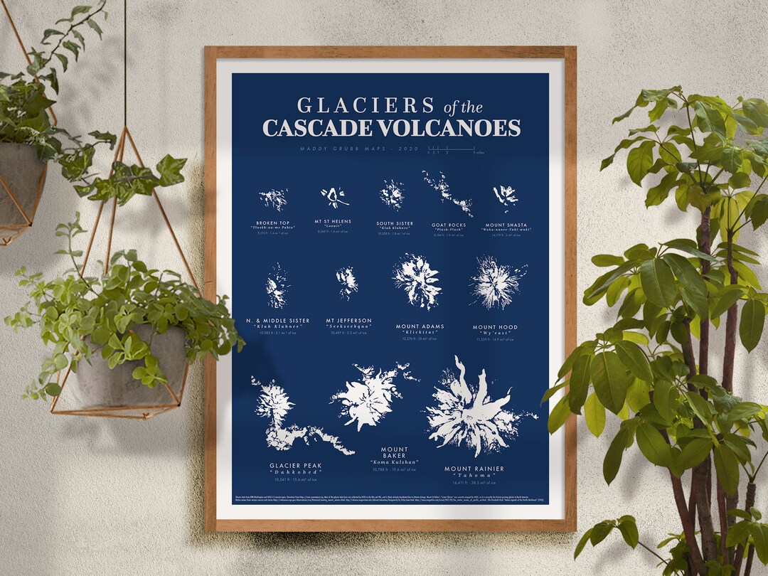 CASCADE VOLCANOES Glaciers Map, Pacific Northwest Minimalist Cascade ...