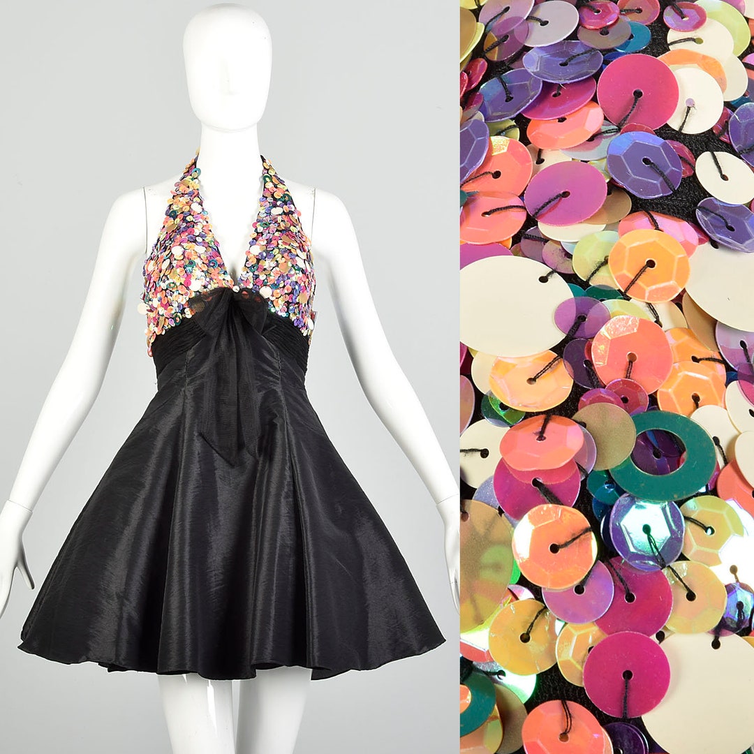 XS 1990s Fit & Flare Halter Mini Dress Prom Party Evening Cocktail ...