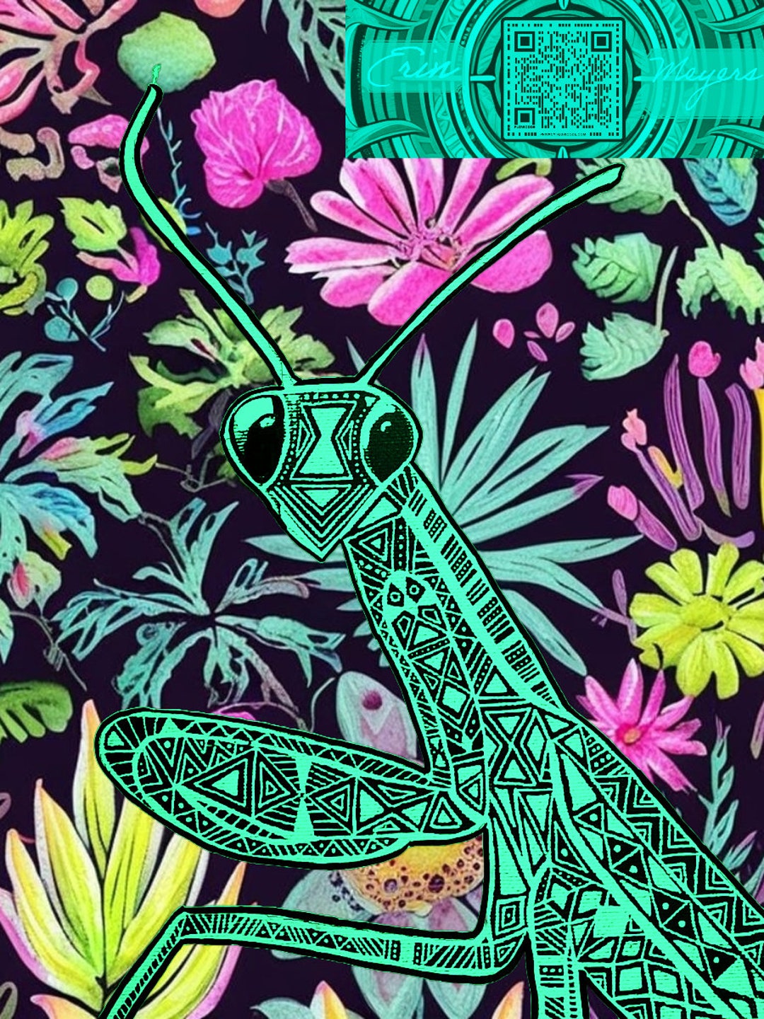 Praying Mantis in the Garden Art Magnet, Unique Mandala Floral Style ...