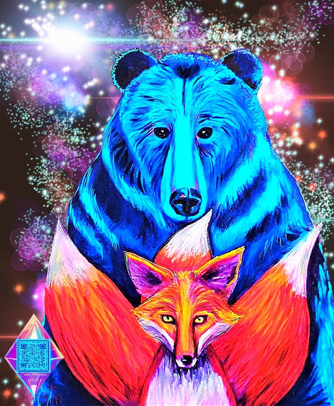 The Blue Bear and the Three Tailed Fox, Celestial Art Sticker, Unique ...