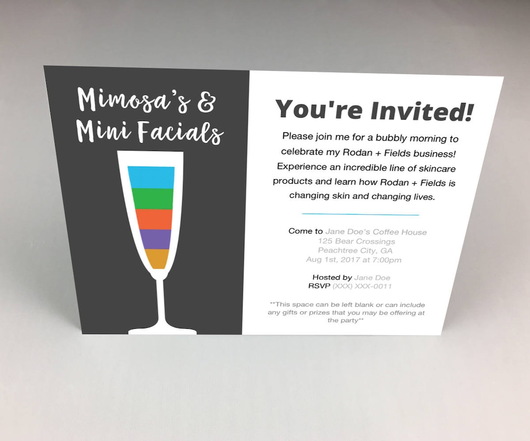 Rodan and Fields Invitations, Launch Party, Mimosa, Mini Facial Card, R ...