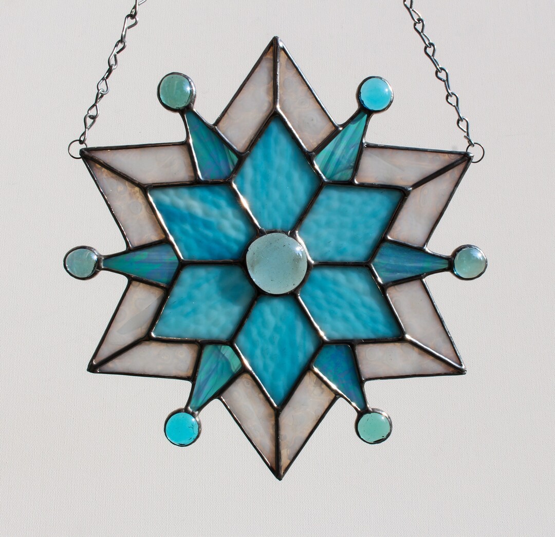 Stained Glass Blue and White Large Winter Snowflake Suncatcher, Winter ...