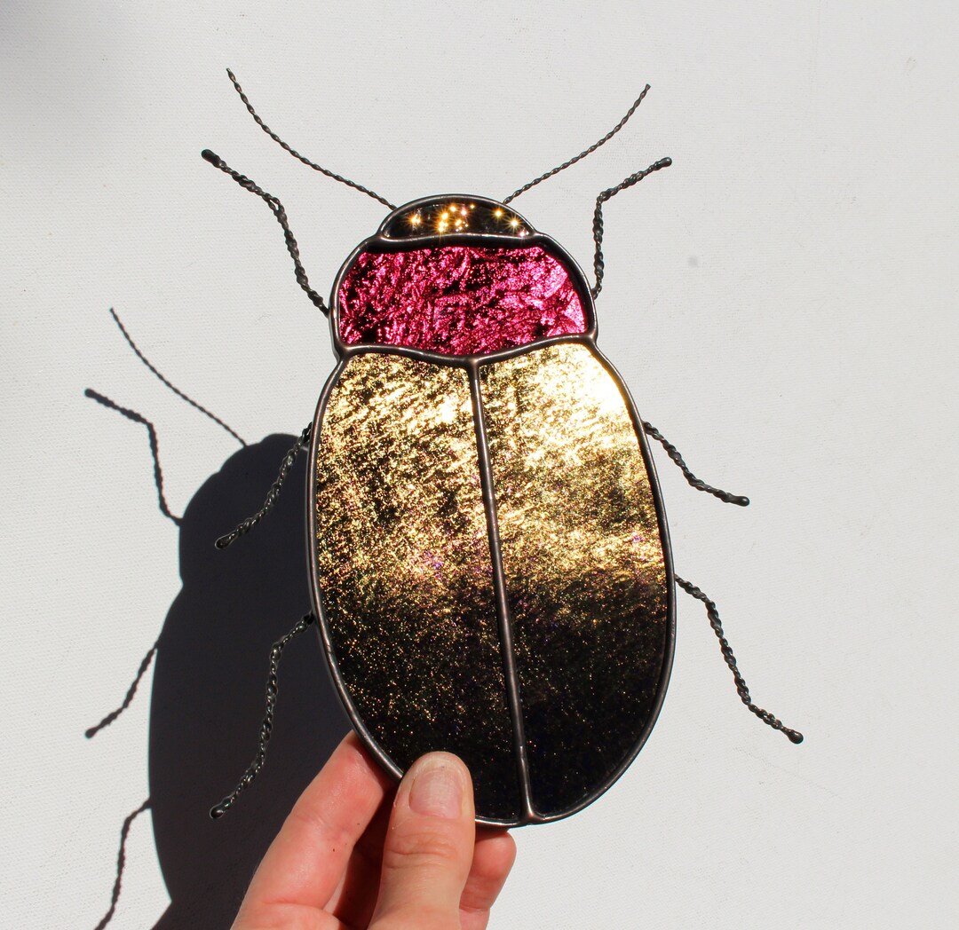 Stained Glass Iridescent Gold and Red Beetle Suncatcher, Beetle Art ...