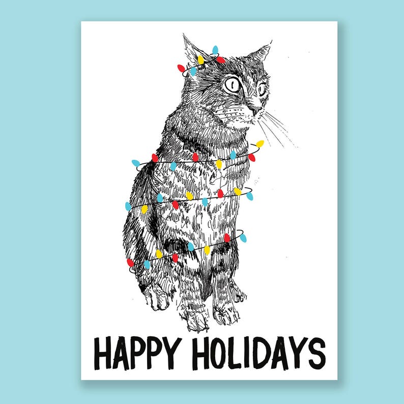 Happy Holidays Cat Holiday Card - Etsy