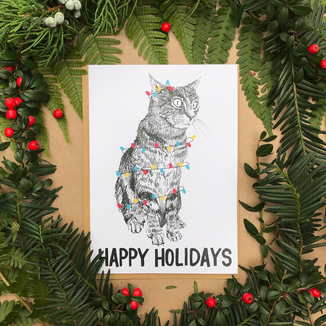 Happy Holidays Cat | Holiday Card - Etsy