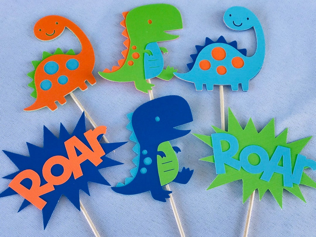 Dinosaur Cupcake Toppers: Blue, Green & Orange Dino Party Decorations ...