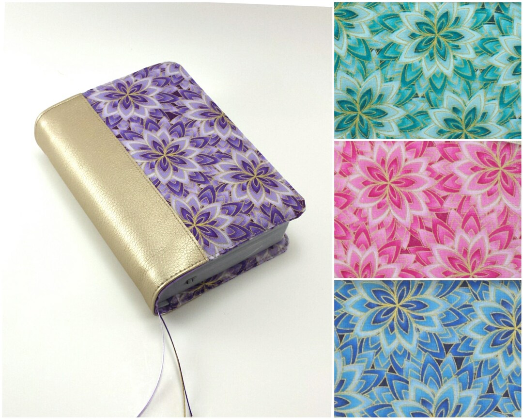 Custom Made Bible Cover With Floral Print Fabric and Gold Vinyl Spine ...