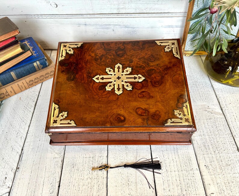 Victorian Gothic Writing Slope, Lock and Key, Burr Walnut Box, Antique ...
