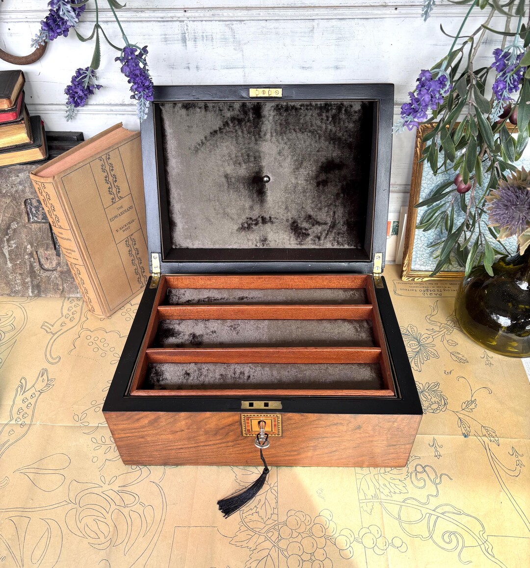 Antique English Walnut Writing Box: Velvet Lined Stationery Storage ...