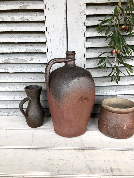 Antique French black clay pot with handle primitive pottery | Etsy