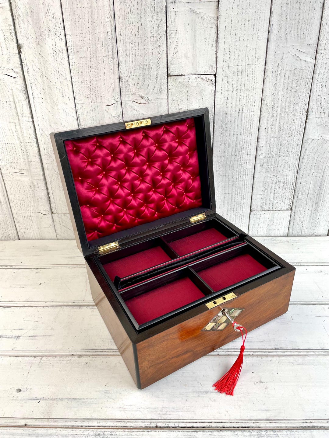 Antique Walnut and Mother of Pearl Jewelry Box With Lock and Key, Red ...