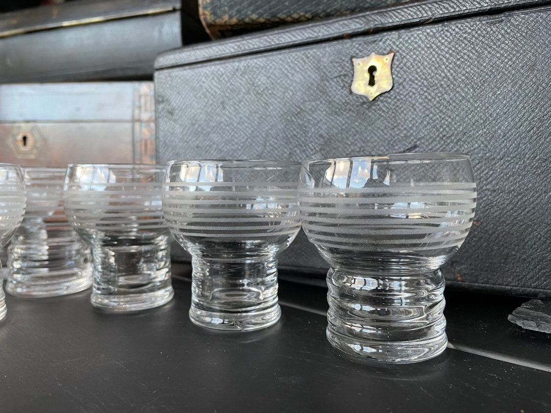 French Art Deco Glasses, Set of 11, Frosted Glass Linear Pattern ...