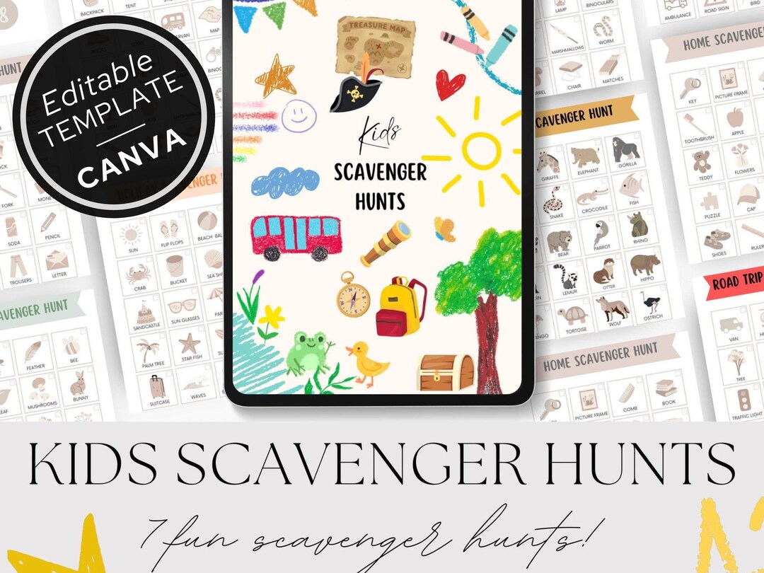 Kids Scavenger Hunt Canva Template – 7 Editable Indoor & Outdoor Games ...