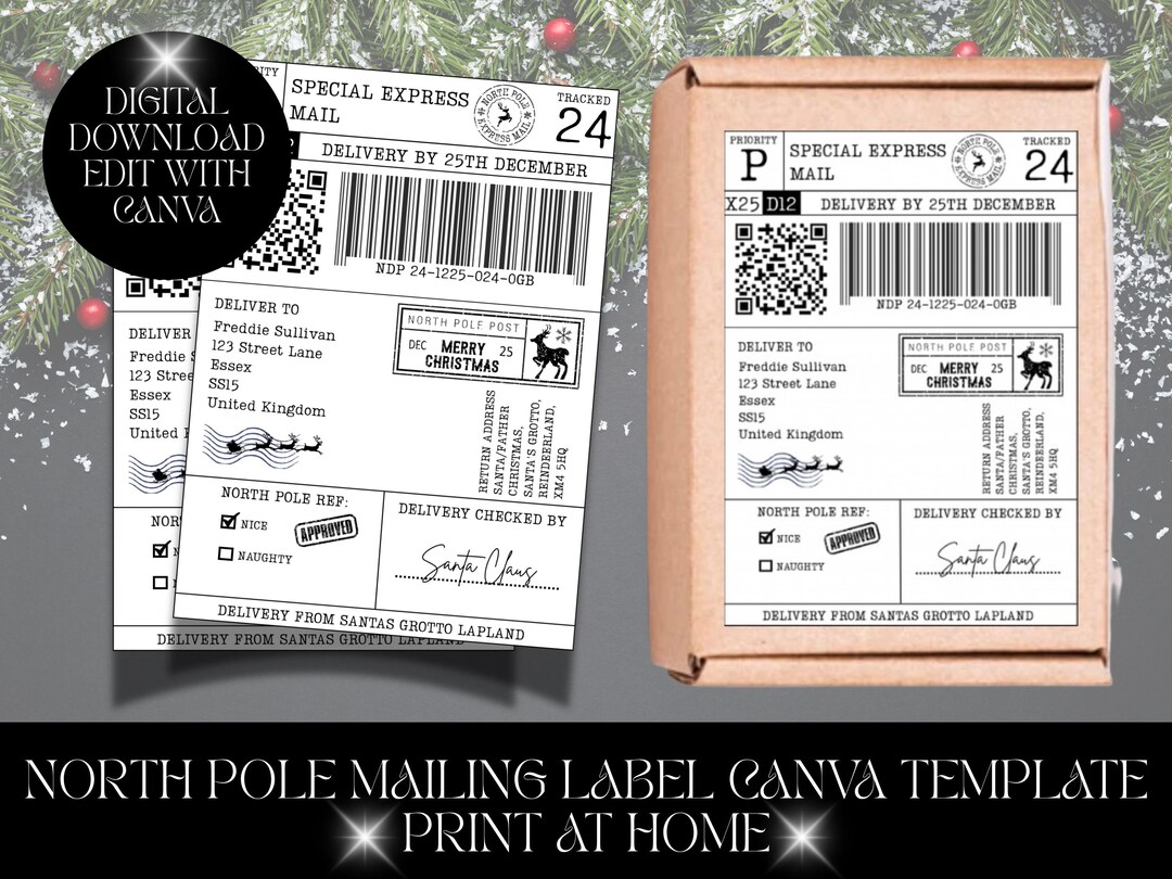Editable North Pole Shipping Label | Santa Mail Canva Template (digital ...
