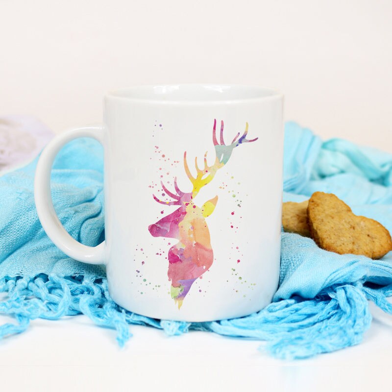 Deer Head Mug, Watercolor Art Coffee Mug, Deer Cup, Antlers Coffee Mug ...