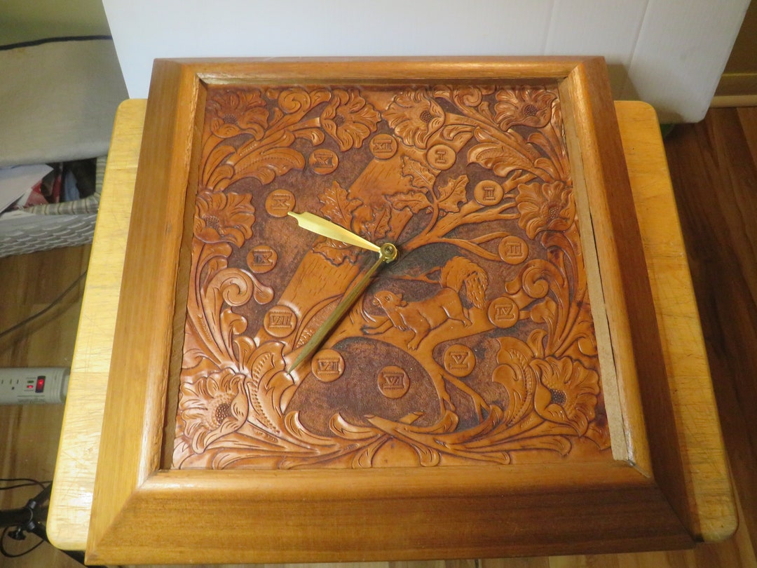 Vintage Handcrafted Wooden Electric Wall Clock W/hand Tooled Leather ...