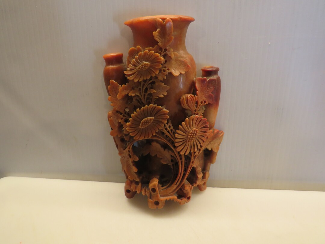 Vintage Ornate Hand Carved Soapstone Vase/incent Holder - Etsy