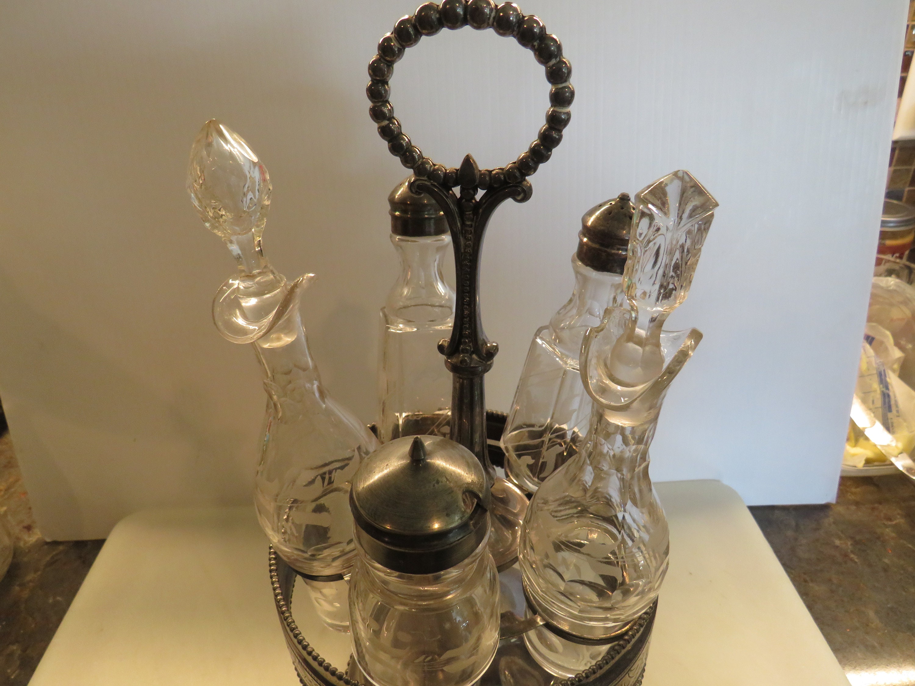 Dining & Serving Vintage Antique Sliver Plated 5 Pc Condiment Cruet Set ...