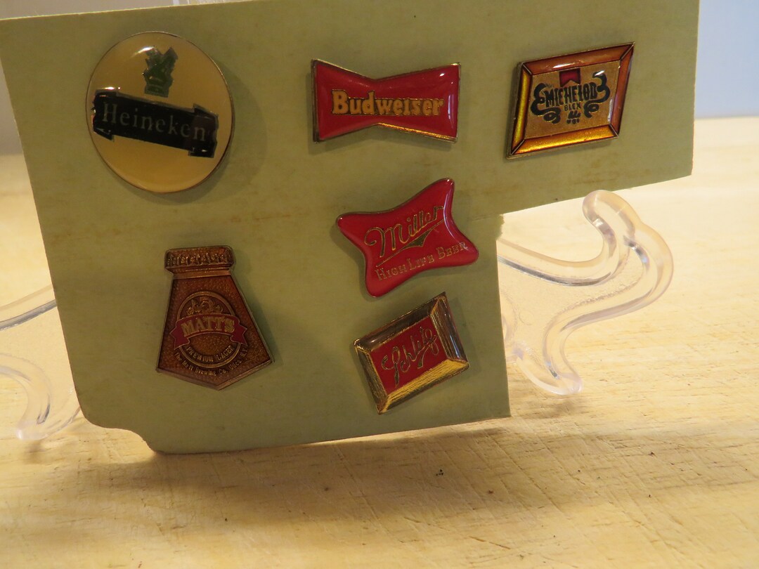 Mixed Lot Six Vintage Beer Pins Heineken, Bud, Schlitz, Miller, Matts ...