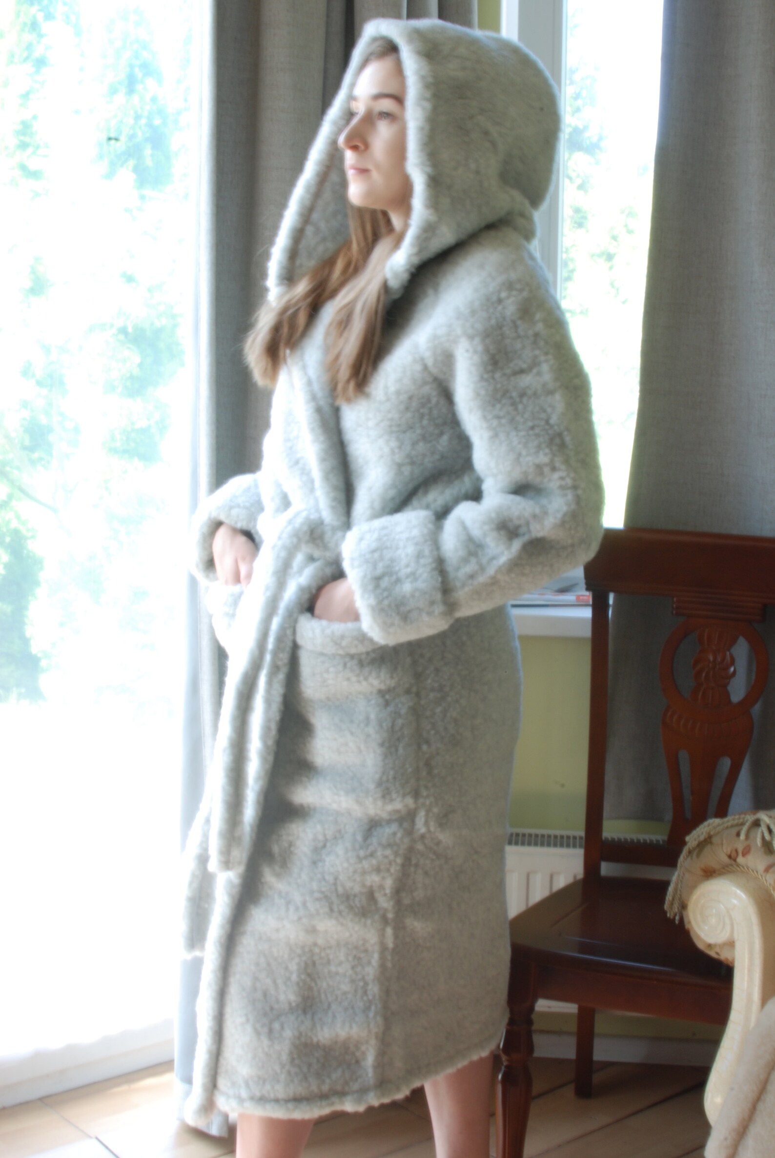Merino Wool Robe With Hood Grey Sheep Wool Bathrobe Hooded - Etsy