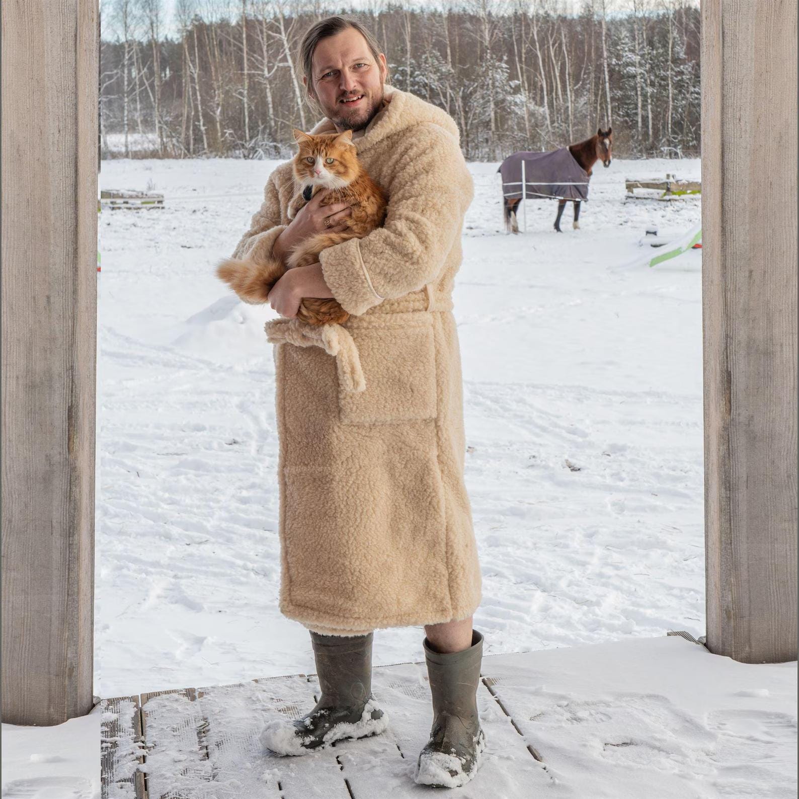 Merino Wool Bathrobe With Hood and Pocket Wool Dressing Gown Sheep Wool ...