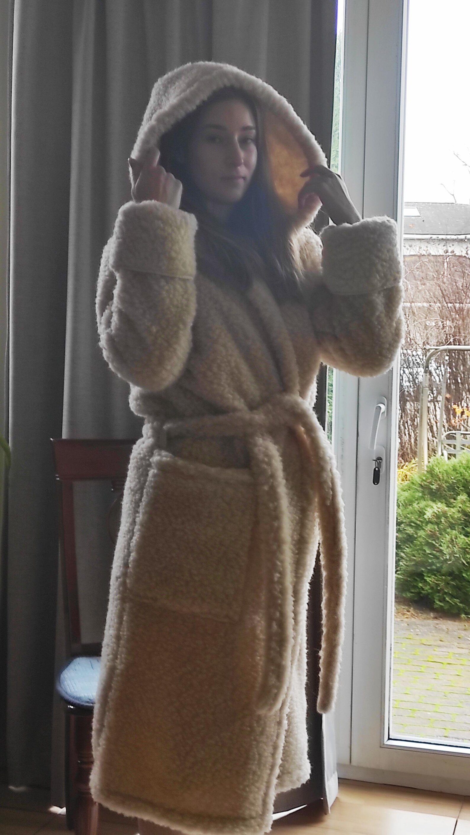 Merino Wool Robe With Hood Merino Wool Bathrobe With Hood and Pocket ...