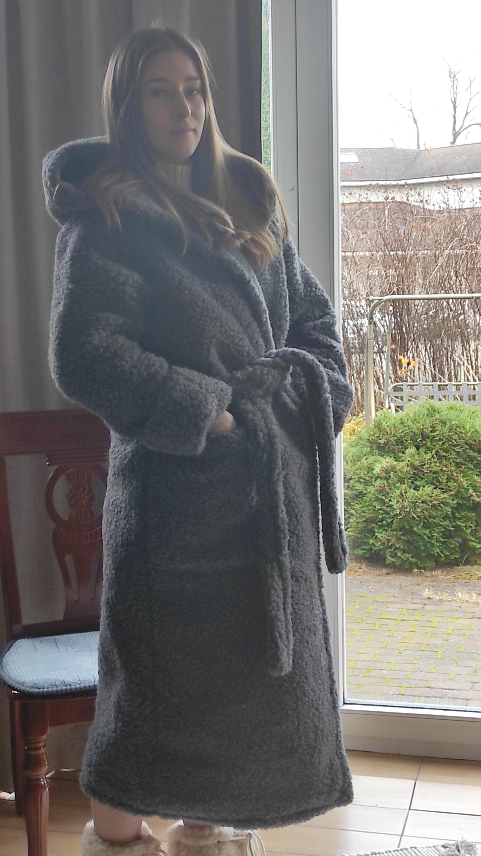 Merino Wool Robe With Hood Pocket Wool Bathrobe for Women Men ...