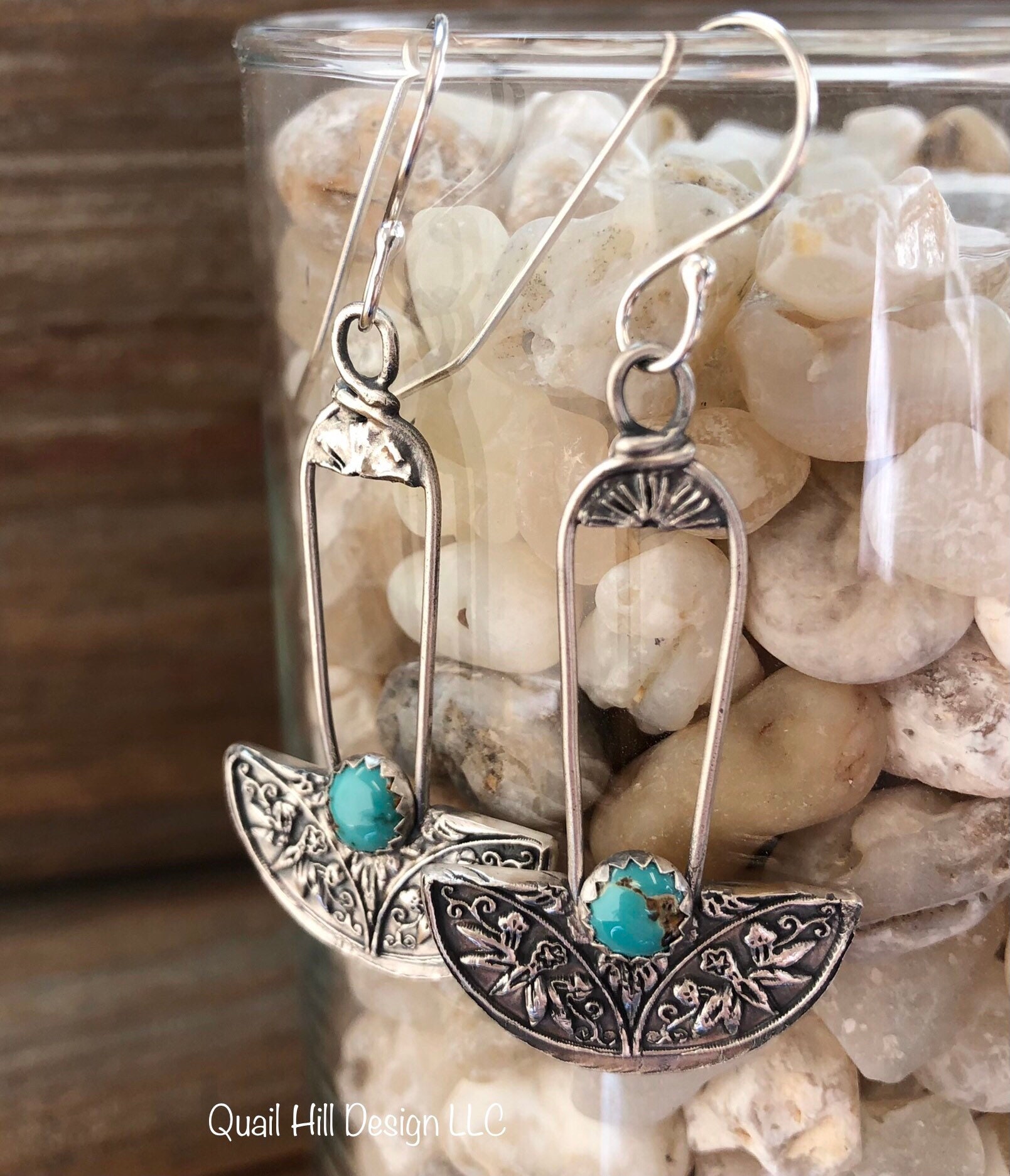 Dyer Blue Turquoise and Half Circle Fine and Argentium Sterling Silver Earrings - Etsy