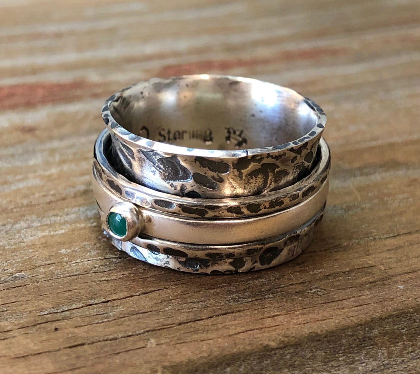 Emerald Gemstone Spinner Ring Texture Patina Ring Argentium Sterling ...