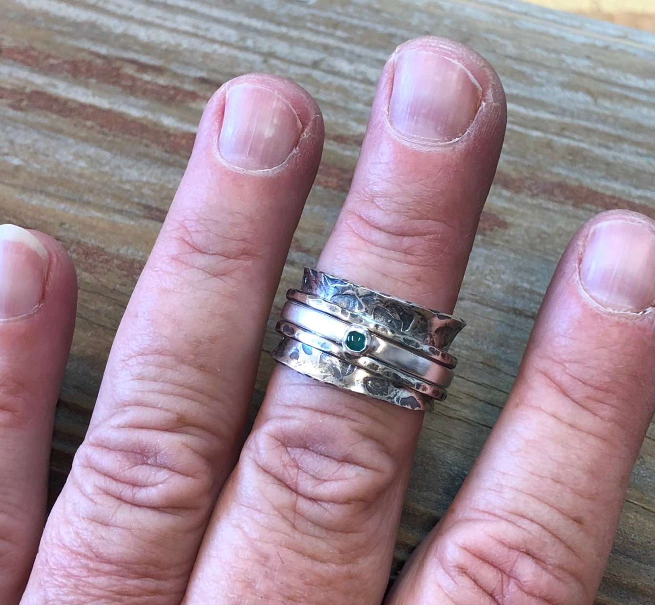 Emerald Gemstone Spinner Ring Texture Patina Ring Argentium Sterling ...