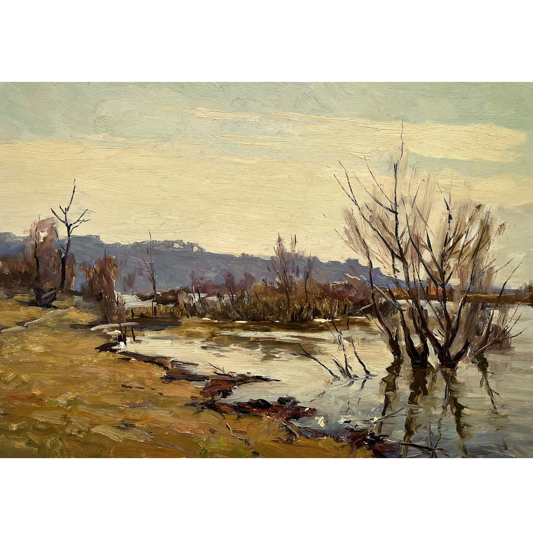 Mid Century Original Oil Painting Spring River Landscape by Ukrainian ...