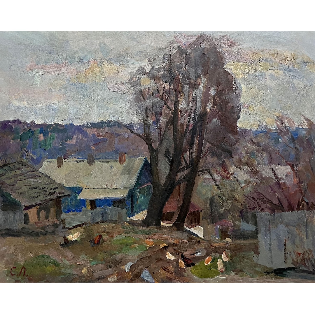 Antique Original Oil Painting Rural Landscape by Ukrainian Artist S ...