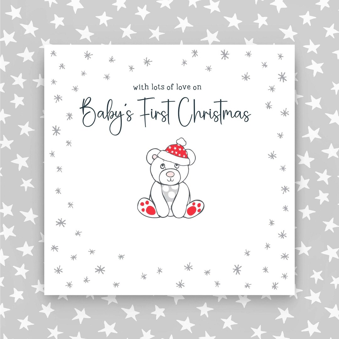 Teddy Bear First Christmas Card: Hand-drawn, Foil Snowflakes - Etsy