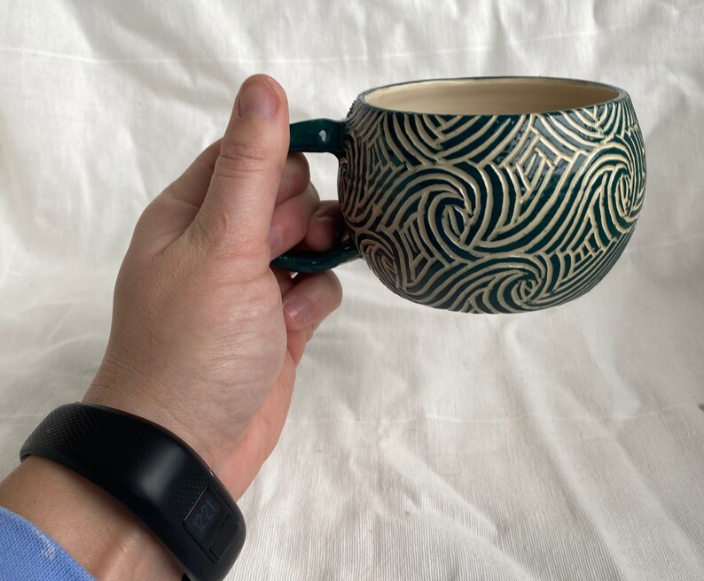 Abstract Ocean Waves Pottery Mug Handmade/hand Carved - Etsy