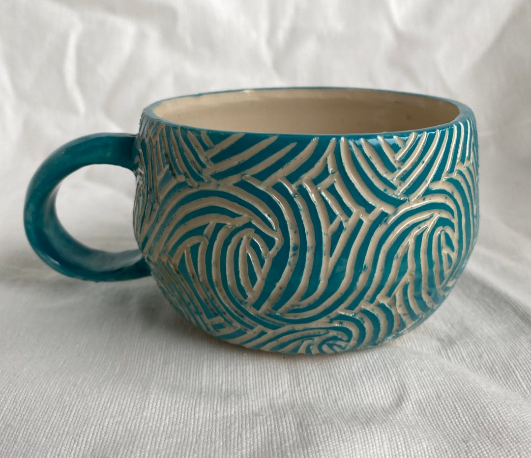 Abstract Ocean Waves Pottery Mug; Handmade/hand Carved - Etsy