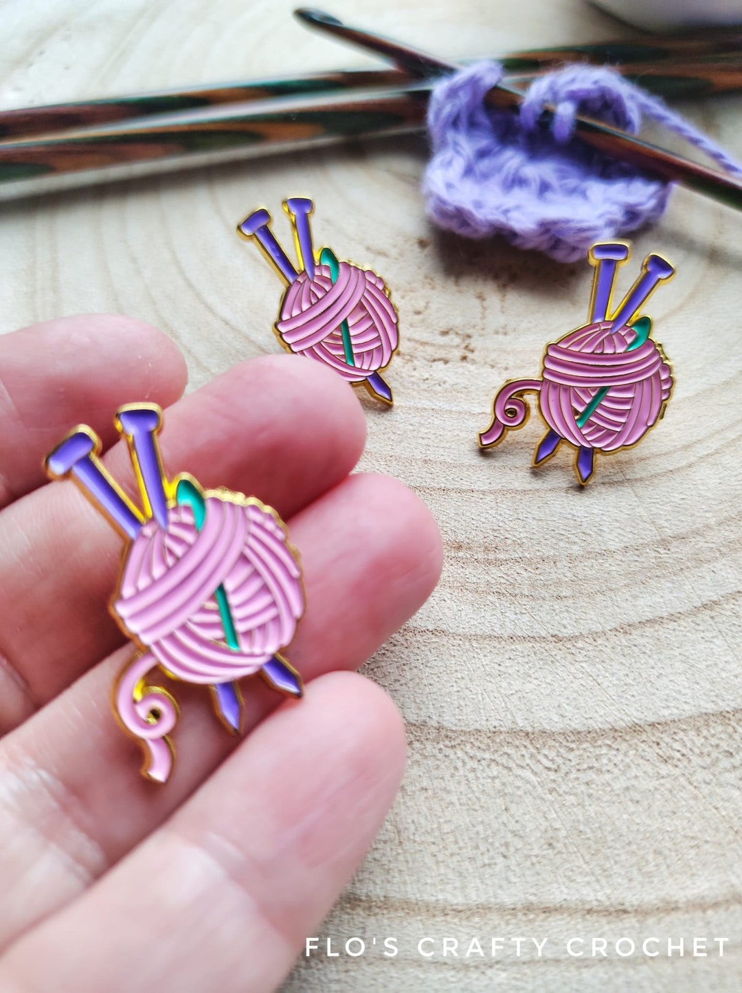 Knitting Enamel Pin Badge: Pink Yarn Ball, Knitting Needles - Etsy