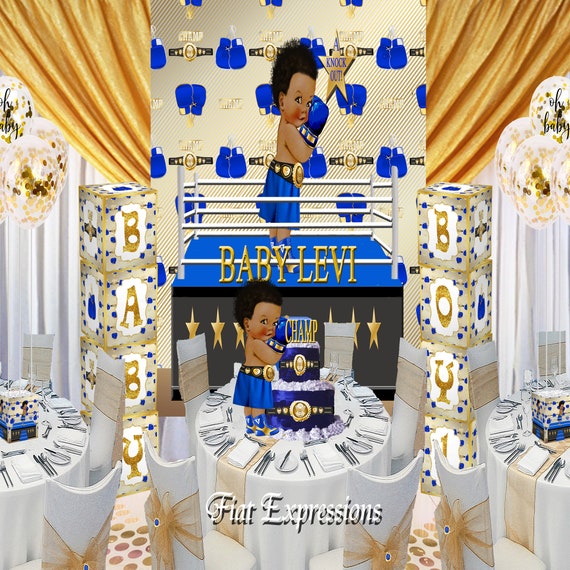 Boxing Baby Boy Blue Gold Burp Cloth Diaper Cake with 2 or 4 Balloon ...