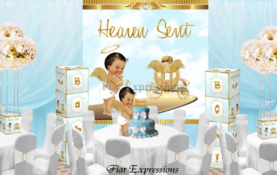 Heaven Sent Blue Gold Cake with 2 or 4 Balloon Centerpieces Diaper ...
