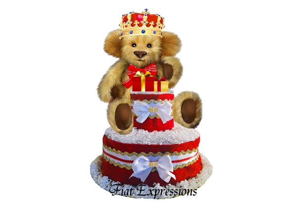 Prince Teddy Bear Red & Gold 2 Tier Diaper Cake, Royal Diaper Cake ...