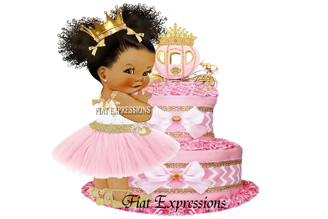 Princess Pink Gold 2 Tier Diaper Cake With Pink Carriage and Princess ...
