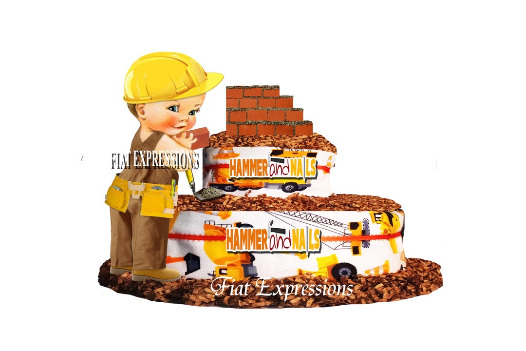 Construction Diaper Cake 2 Tier Yellow and Orange With Brick Wall ...