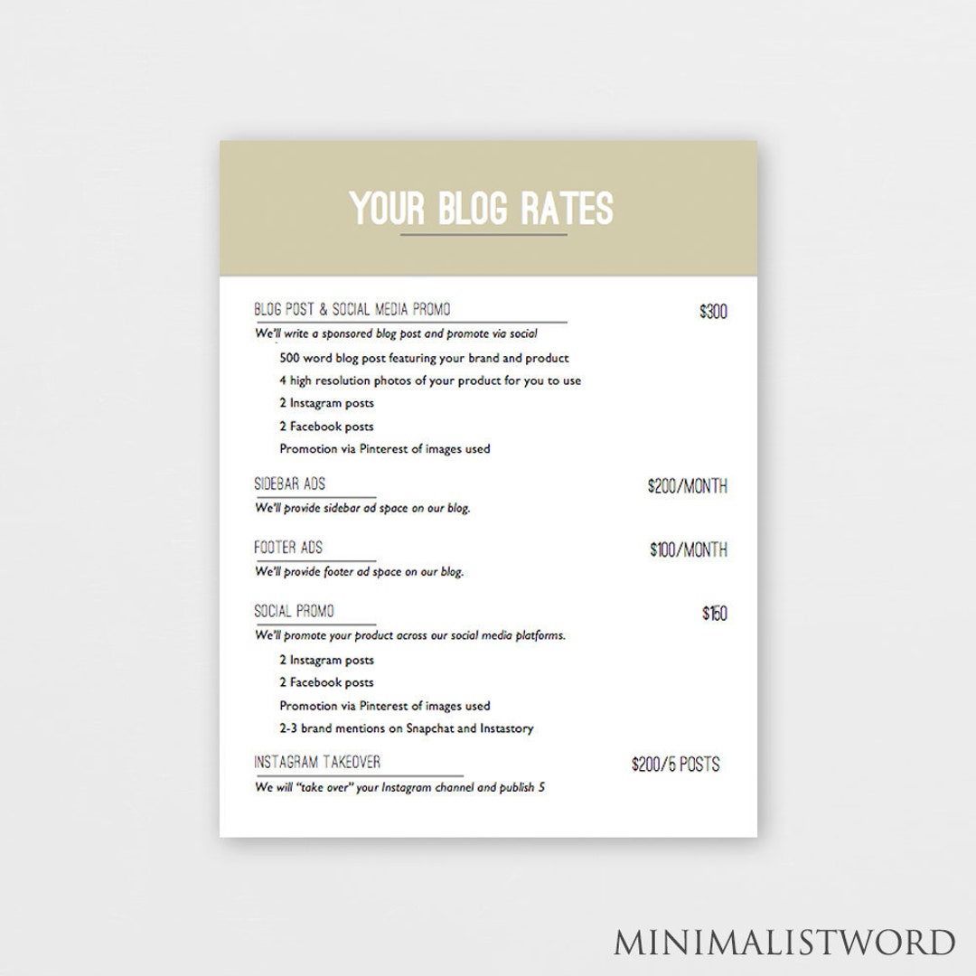 Media Kit Ad Rate Sheet - Tan Blog Rate Kit - MS Word *INSTANT DOWNLOAD ...