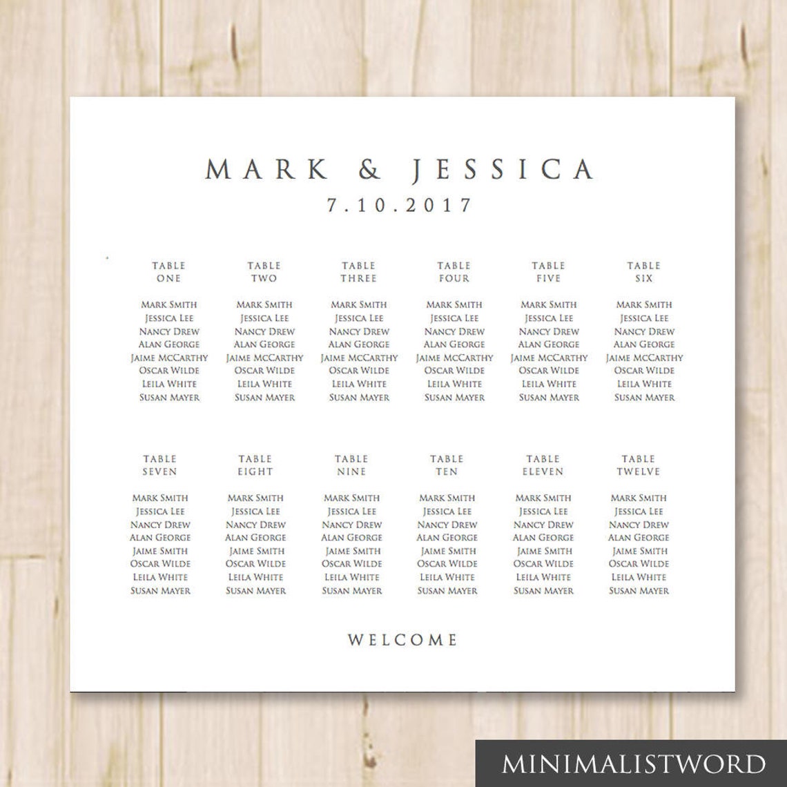12 Tables - Wedding Seating Chart Template - Seat Chart Template ...