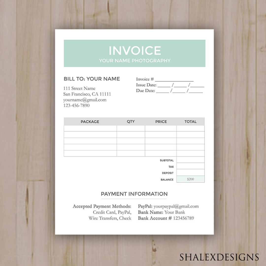 Photography Business Invoice Template, Photography Forms, Photoshop PSD ...